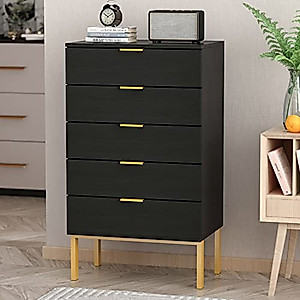 ECACAD Modern Dresser with 5 Drawers & Metal Legs, Wood Dresser Storage Chest for Bedroom, Living Room, Black (23.6”L x 15.7”W x 41.1”H)