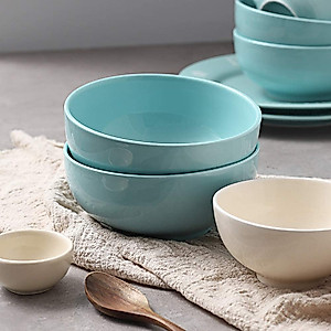 DOWAN 22 Ounces Porcelain Cereal Bowls, Soup Bowls, Bowl Set of 4,Sturdy and Stackable, Dishwasher Microwave Safe, White Bowls for Rice Pasta Salad Oatmeal, Turquoise & AIRY BLUE