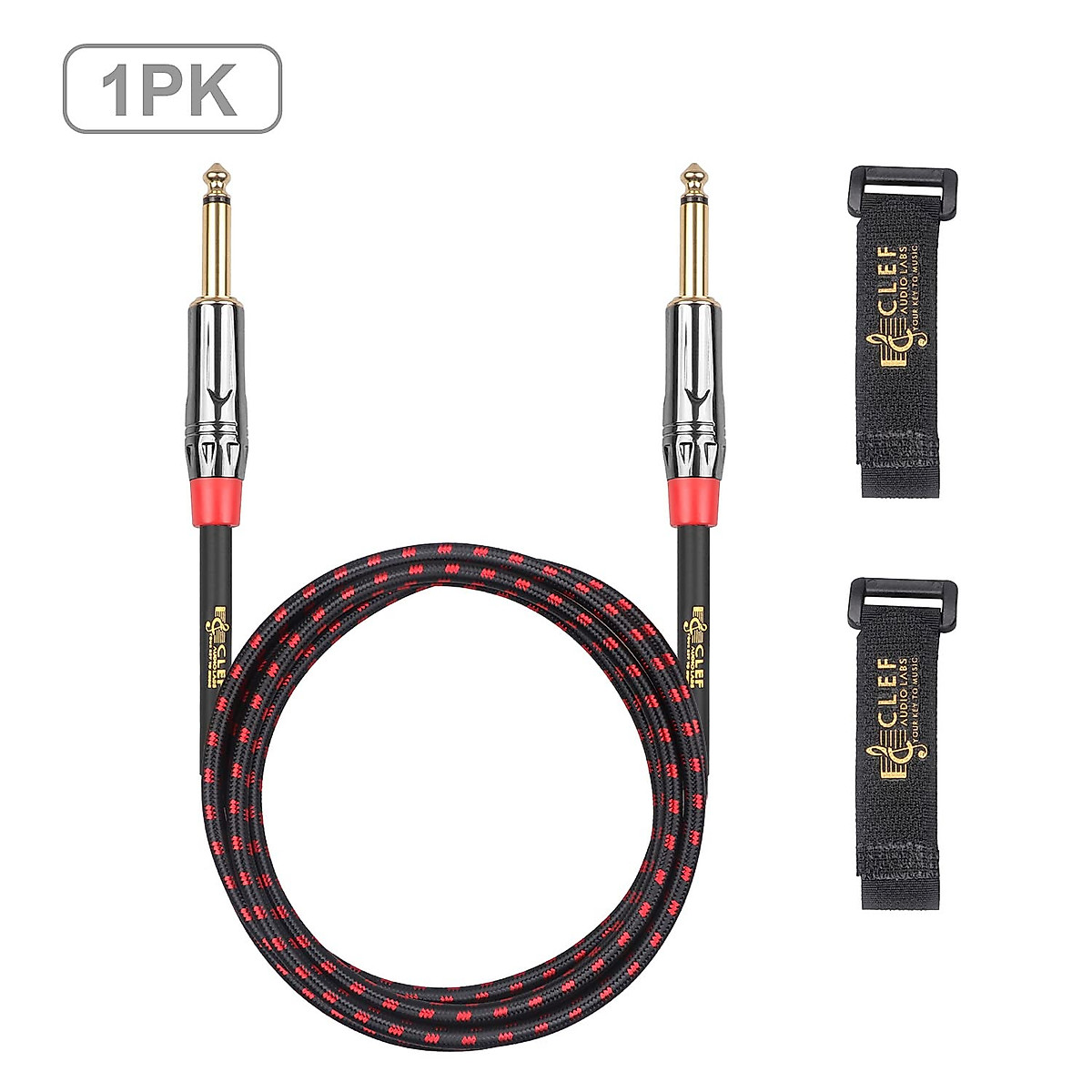 Clef Audio Labs Instrument Guitar Cable, 15ft - 1/4 inch TS Straight to Straight Electric bass Guitar AMP Cord, 22AWG, Chrome Zinc Alloy Shell, Red Braided Jacket