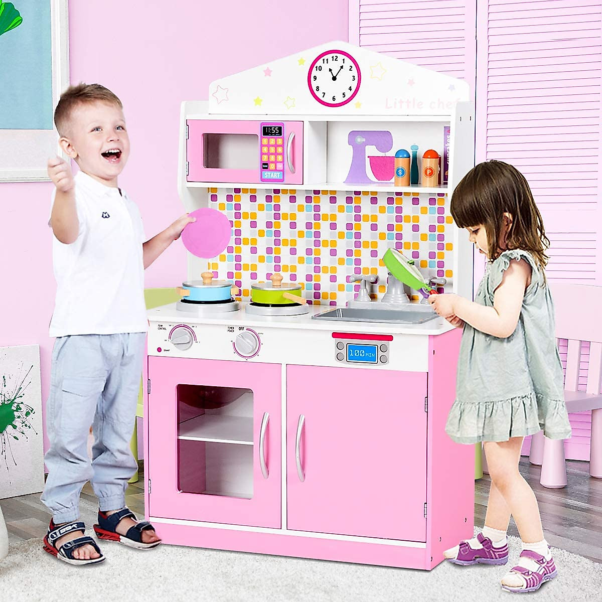 FFlyer Kids Kitchen Playset, Wooden Pretend Cooking Playset w/ Cookware Accessories, Removable Sink, Microwave, Display Shelf, Toddler Pretend Play Kitchen Toy, Best Gift for Girl, Pink