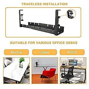Under Desk Cable Management Tray, Adjustable Cord Organizer for Desk, Sturdy Wire Management Under Desk, Cable Organizer for Office and Home Standing Desk Retractable Design No Drills,Black