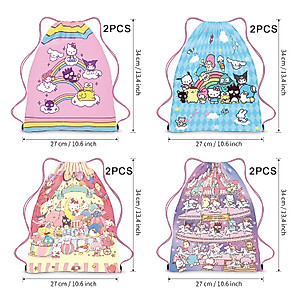 RoKiNou Kawaii Party Drawstring Bags 8Pack, Keroppi Kuromi Melody Birthday Party Supplies Goodies Bags, Party Girls Drawstring Bags for Hello Kitty Theme Kid's Party (4 Style)