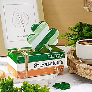 Whaline St. Patrick's Day Wooden Tiered Tray Decor Faux Decorative Stacked Books Bundle Happy St. Patrick's Day Wooden Block Sign with Shamrock for Irish Holiday Kitchen Home Table Decor