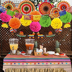 Recosis Fiesta Party Decorations, Multicoloured Tablecover Paper Fans Pompoms Decorations Mexicano Plastic Papel Picado Banner for Fiesta Mexican Cinco De Mayo Taco Birthday Party Supplies