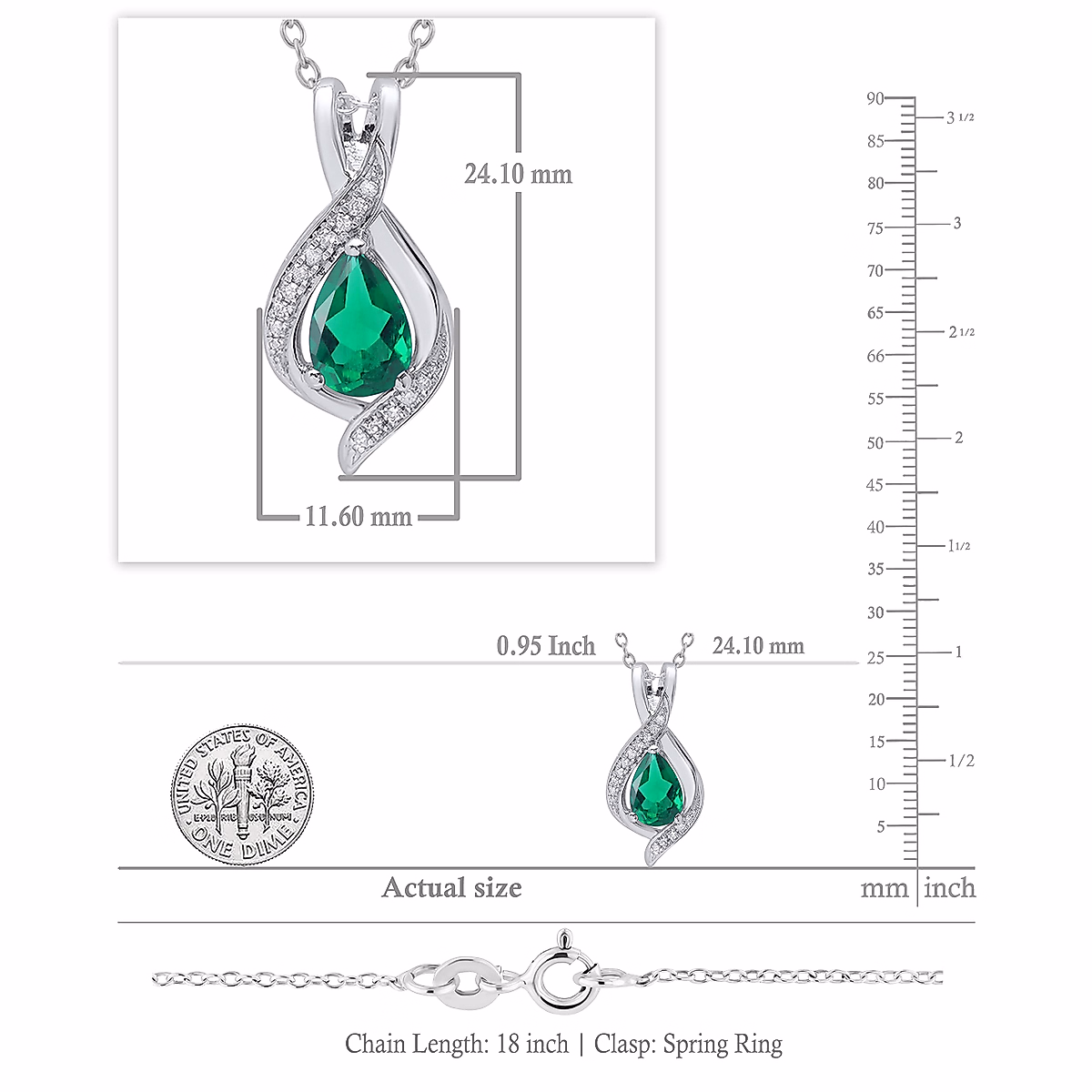 Dazzlingrock Collection 9x6 mm Pear Lab Created Emerald & Round White Diamond Swirl Teardrop Pendant with 18 inch Silver Chain for Women in 10K White Gold