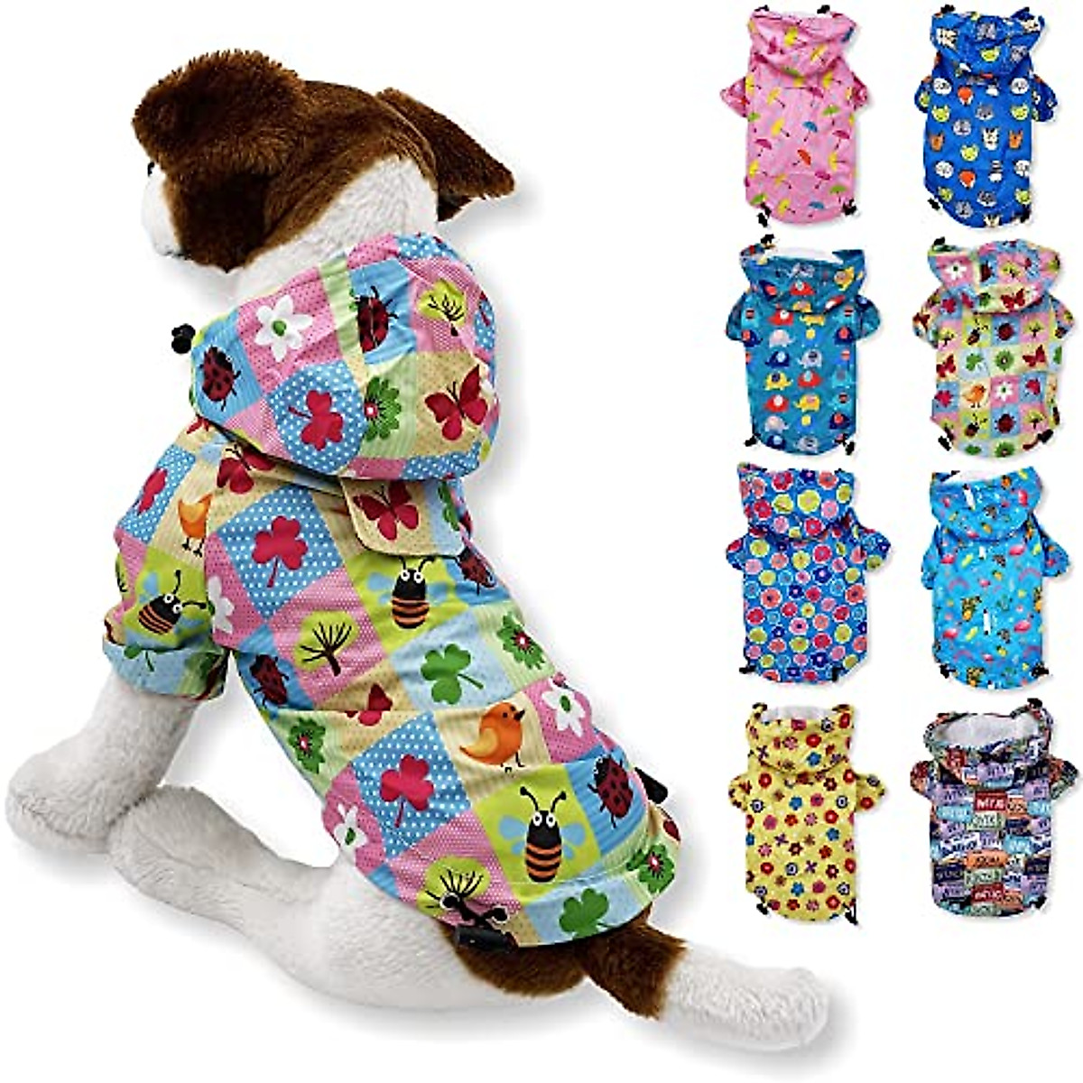 Dog Raincoat Hooded Leash Hole Waterproof Rain Coat Jacket Rainwear for Small Pet Cat Puppy (L: Length - 16", Square Multicolor)