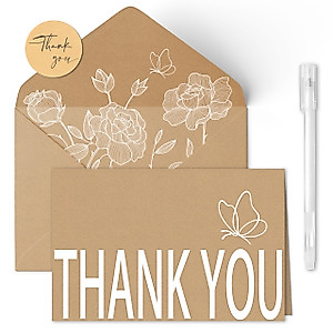 Cularve 20 Pack thank you cards with envelopes,Kraft paper wedding thank you cards,butterfly thank you cards,Blank Retro flowers Cards for Birthday Wedding Baby Shower Bridal Shower,4 x 6 Inch