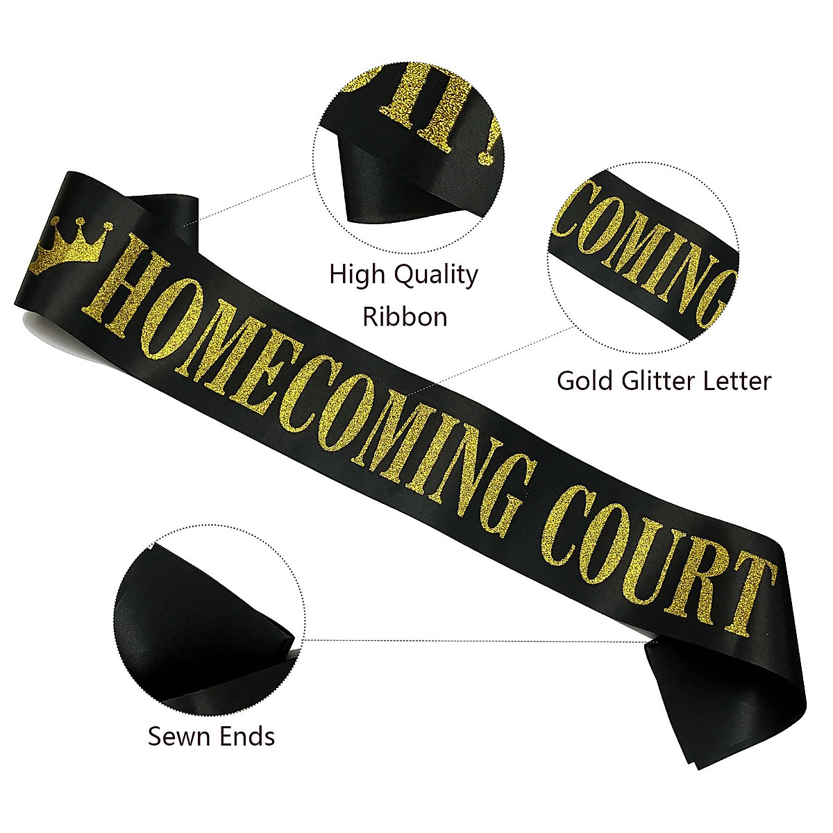 Homecoming Court Sash Black, 6 Pack Black Satin with Gold Glitter Letter Sashes for Pageants Homecoming Party School Dance Graduation Party Favors Decorations Accessories,Black