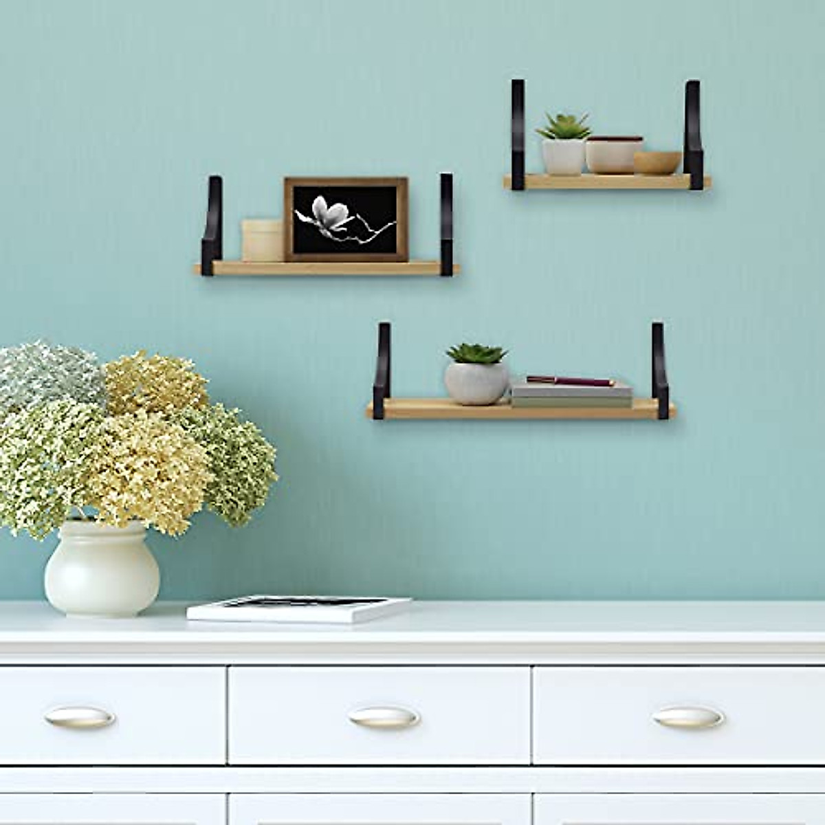 MELANNCO Floating Wall, Wood and Curve Metal Shelves, for Bedroom, Living Room, Kitchen, Nursery, Set of 3, Natural