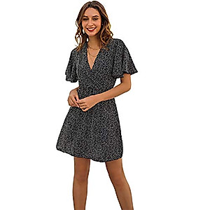 Romwe Women's Short Sleeve V Neck All Over Print High Waist A Line Summer Short Dress Black S