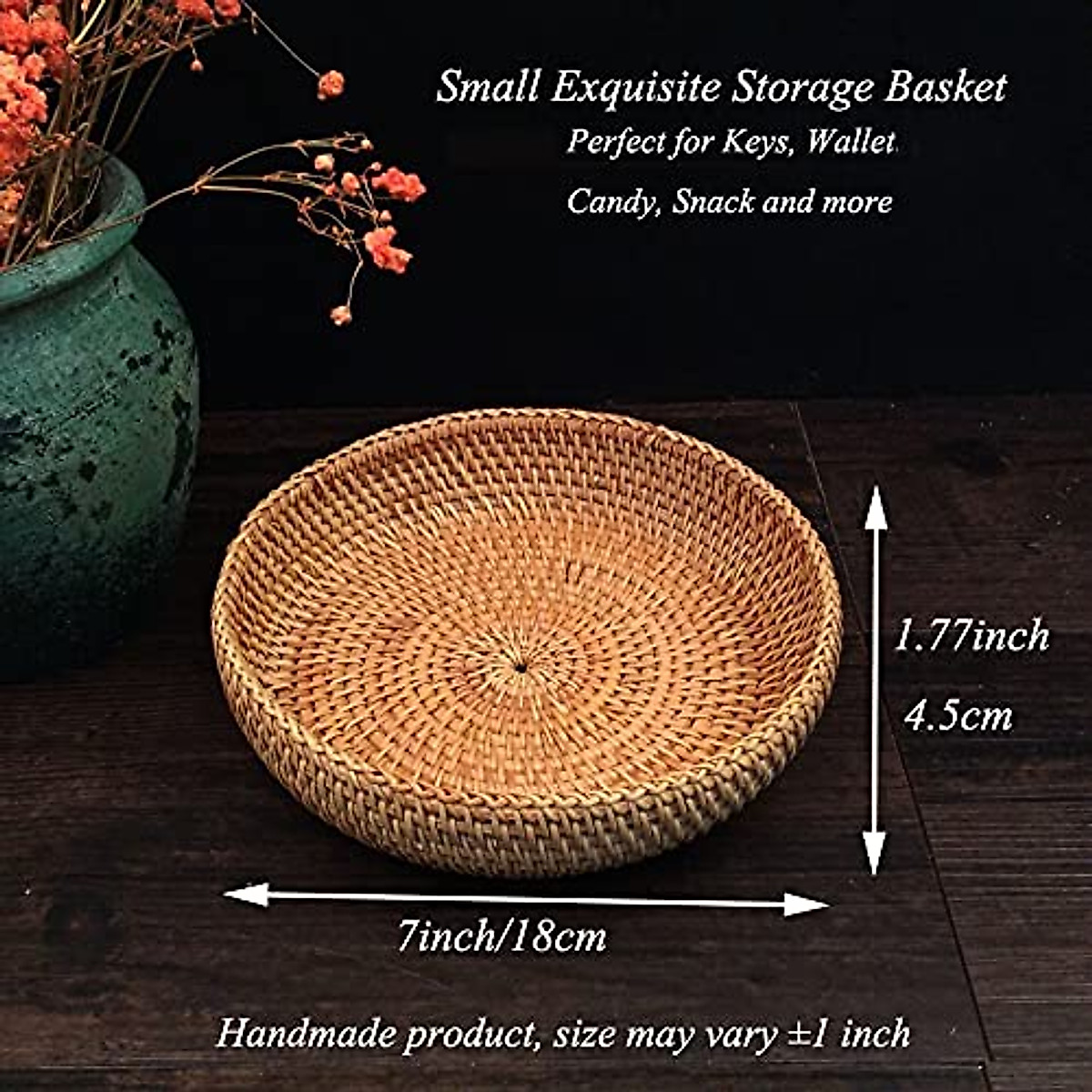 Small Round Keys Basket for Entryway Woven Baskets for Organizing Tabletop Decorative Wicker Organizer Basket for Keys Wallet Cell Phone Restaurant Food Serving Basket for Fruit Candy Cracker