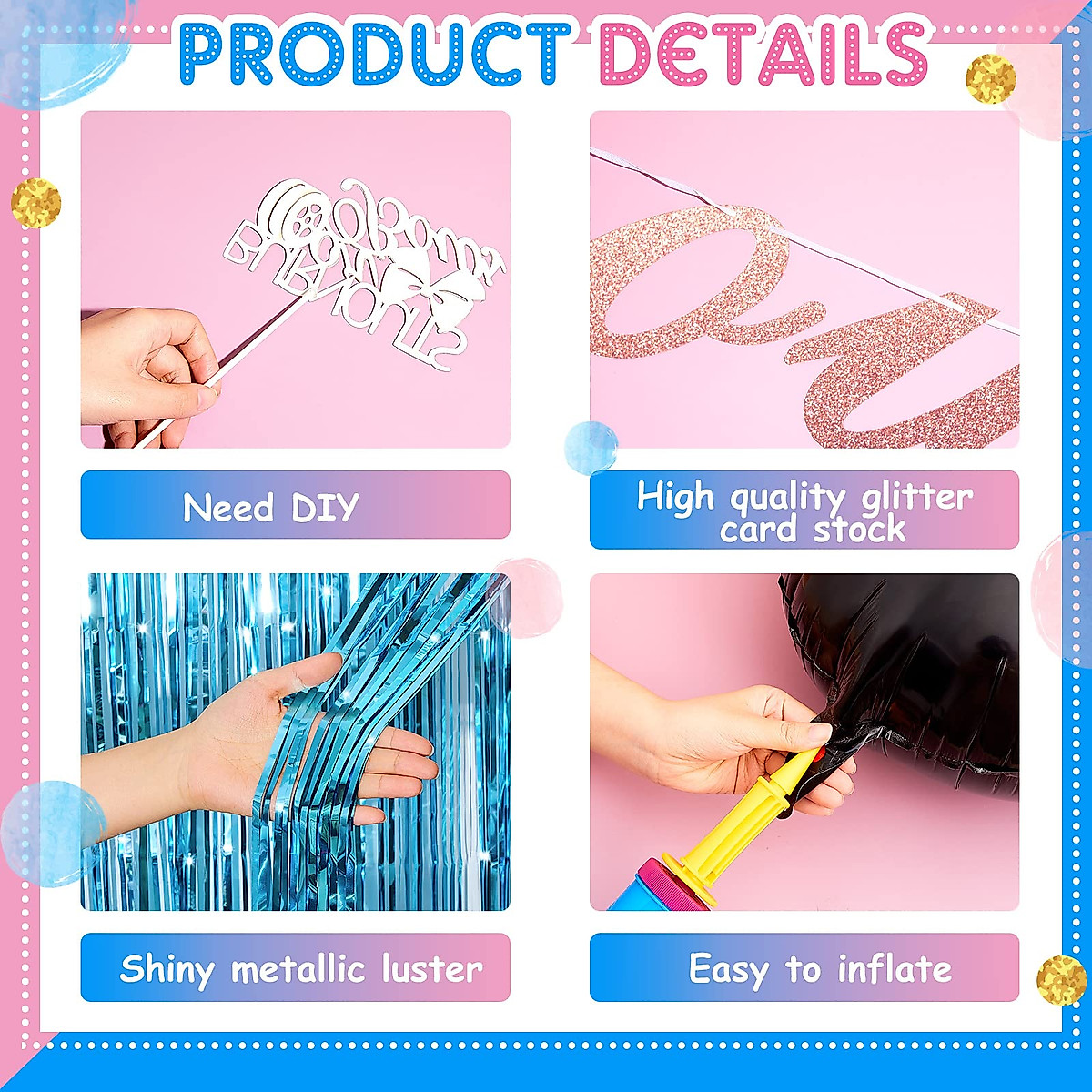 112 Pcs Burnouts or Bows Gender Reveal Decorations Set, Burnouts Bow Foil Balloons Arch Banner Gender Reveal Cake Topper Pink and Blue Balloons Foil Curtains for Gender Reveal Shower Party Supplies