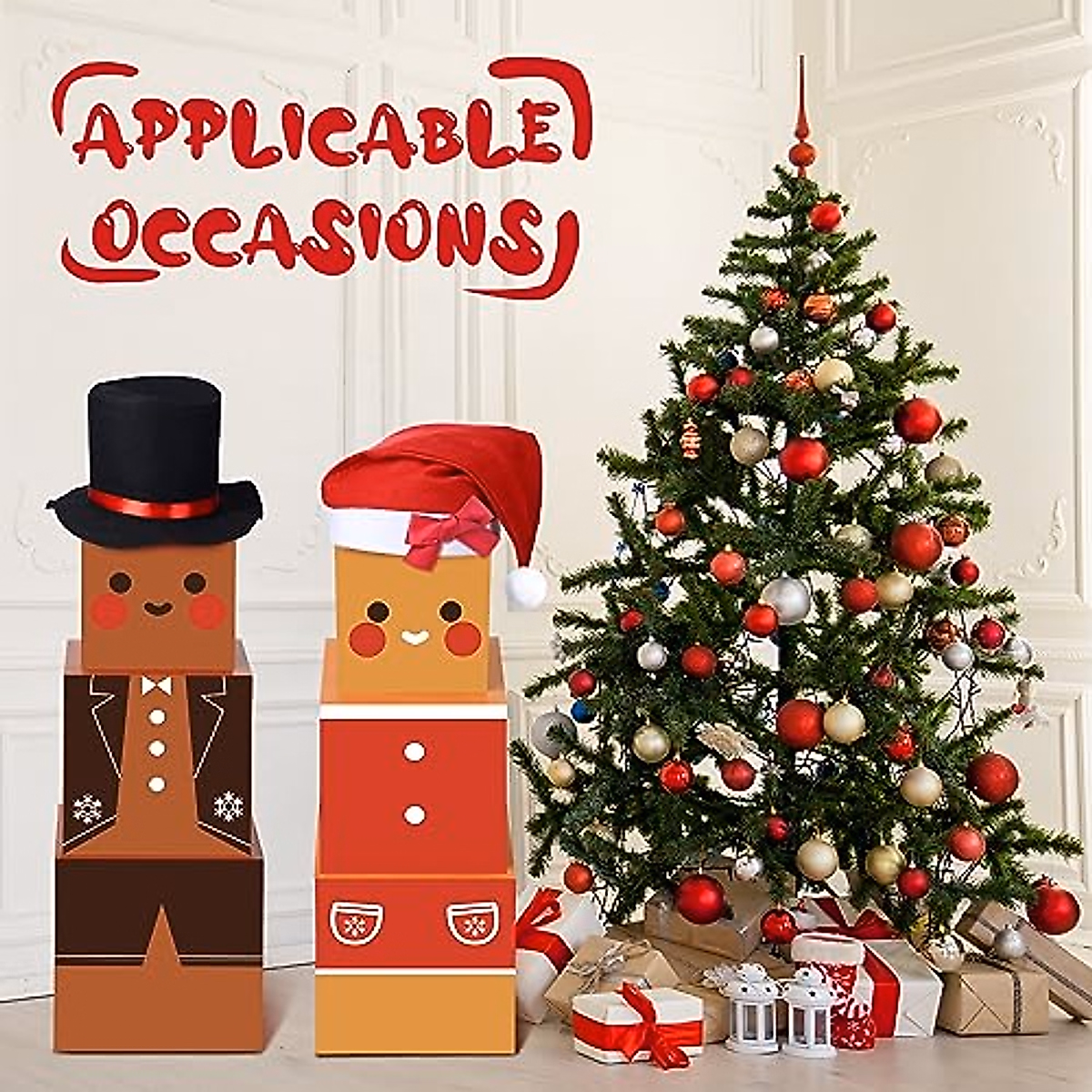 Funtery 16 Pcs Christmas Gingerbread Man Gift Box Xmas Stacking Boxes with Hats Christmas Nesting Boxes with Red Bow, Christmas Hat, Top Hat Decorative for Gift Present Wrapping Party Favors