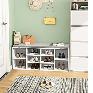 TJYGO Shoe Storage Bench, 10 Cubbies Shoe Bench, Storage Entryway Bench with Removable Cushion, Space Saving Storage Shoe Rack Bench, 41 x 12 x 16.75 Inches