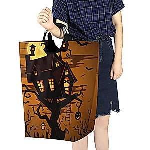 xigua Halloween Mystic Spooky Forest Castle Laundry Hamper, Large Laundry Baskets Foldable Clothes Tote with Handles Storage Bag for Family Dormitory Laundry Bathroom Closet Kids Room