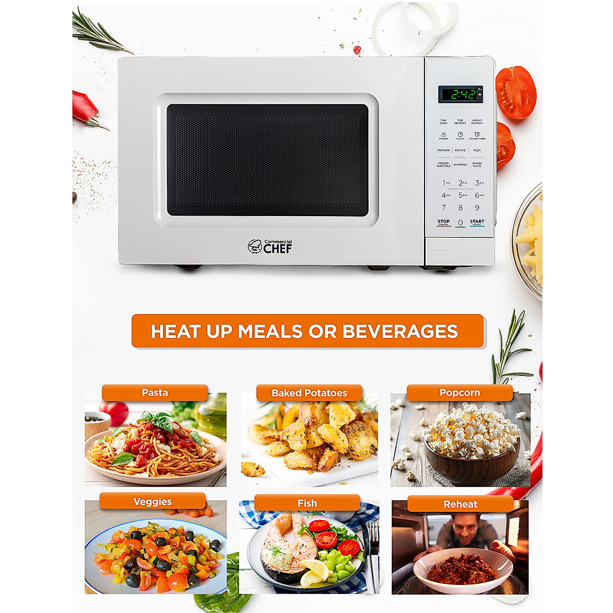 COMMERCIAL CHEF 0.7 Cu Ft Microwave with 10 Power Levels, 700W Microwave with Digital Display, Countertop Microwave with Child Safety Door Lock, Programmable with Push Button, White