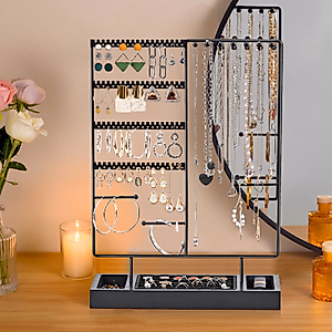 ProCase Jewelry Organizer Stand Earring Holder Organizer, 6 Tiers Earring Organizer Tree Necklace Rack Jewellery Tower Bracelets Holder Storage with Removable Wooden Ring Tray for Women Girls -Grey