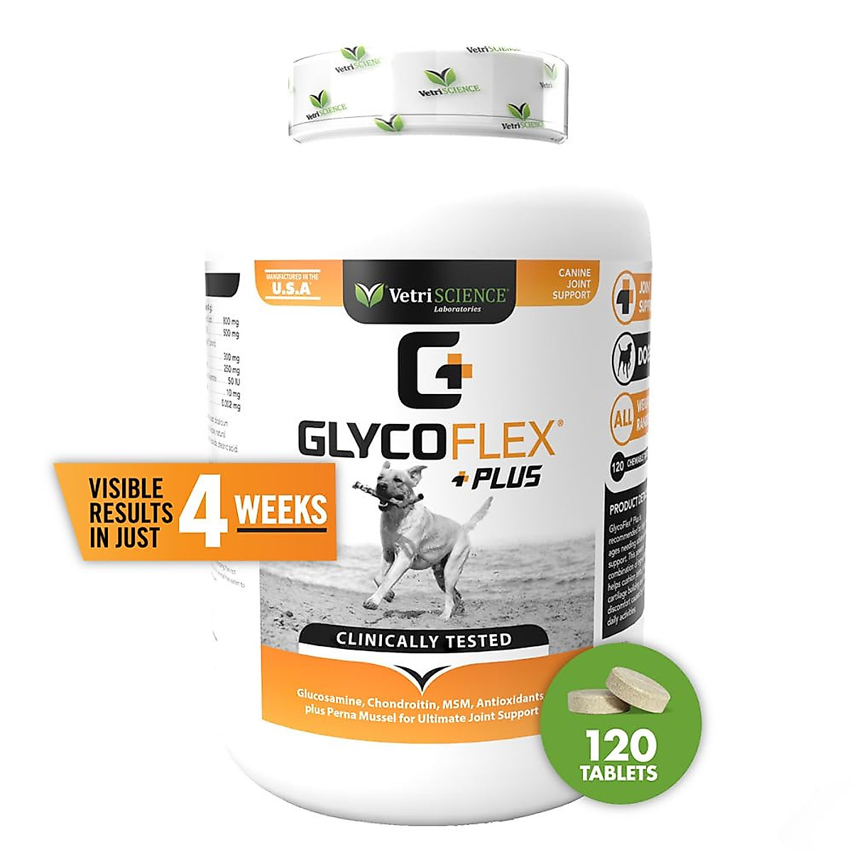 VETRISCIENCE GlycoFlex Plus Hip and Joint Supplement for Dogs, Chewable Tablet â€“ Extra-Strength Joint Support with Green Lipped Mussel, Chondroitin, and Glucosamine for Dogs