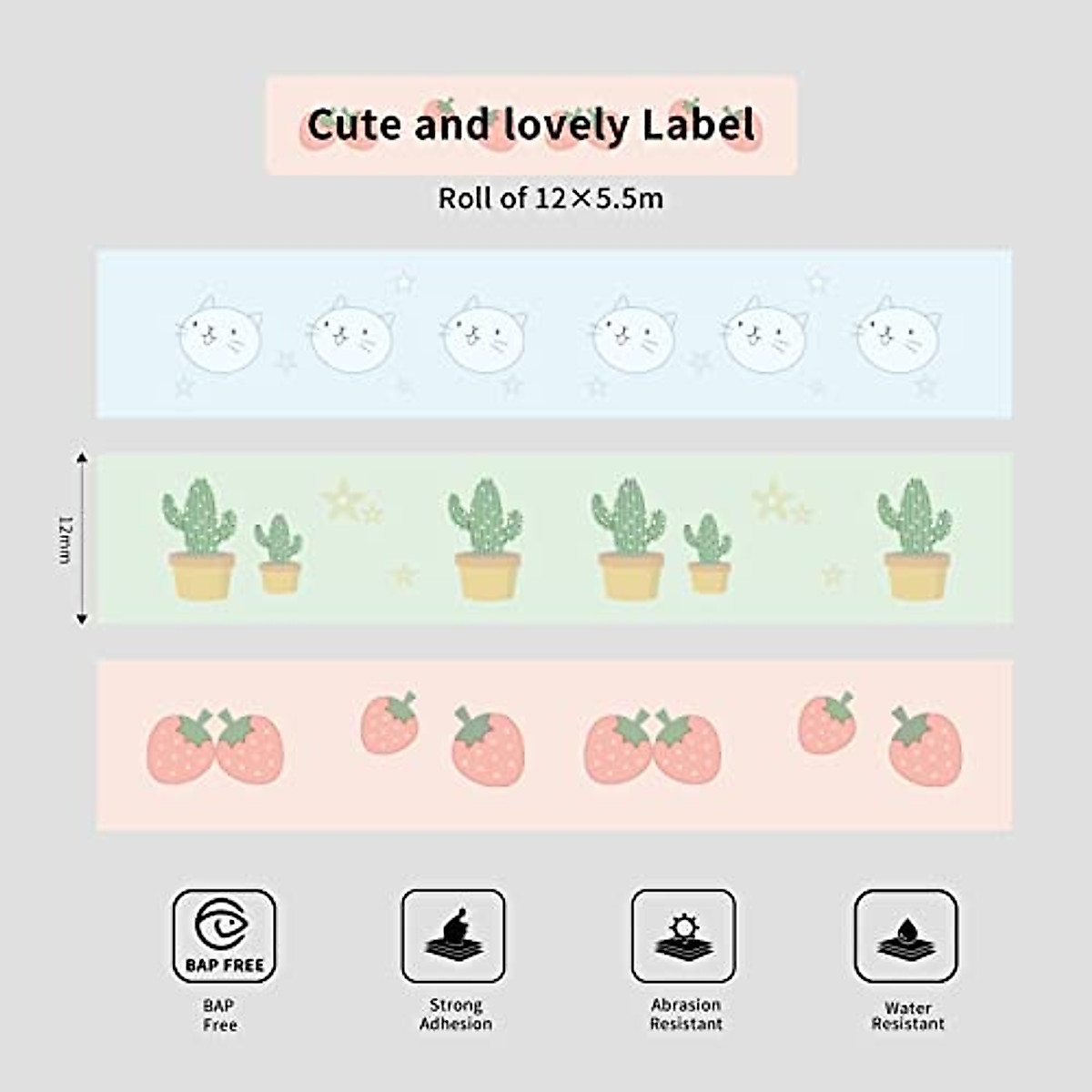 JADENS L12 Label Maker Tape, Continous 0.59inx18.04ft Thermal Laminated Waterproof Self-Adhesive Multipurpose Labeling Tape Replacement, 3 Pack(Patterned), not Compatible with D110