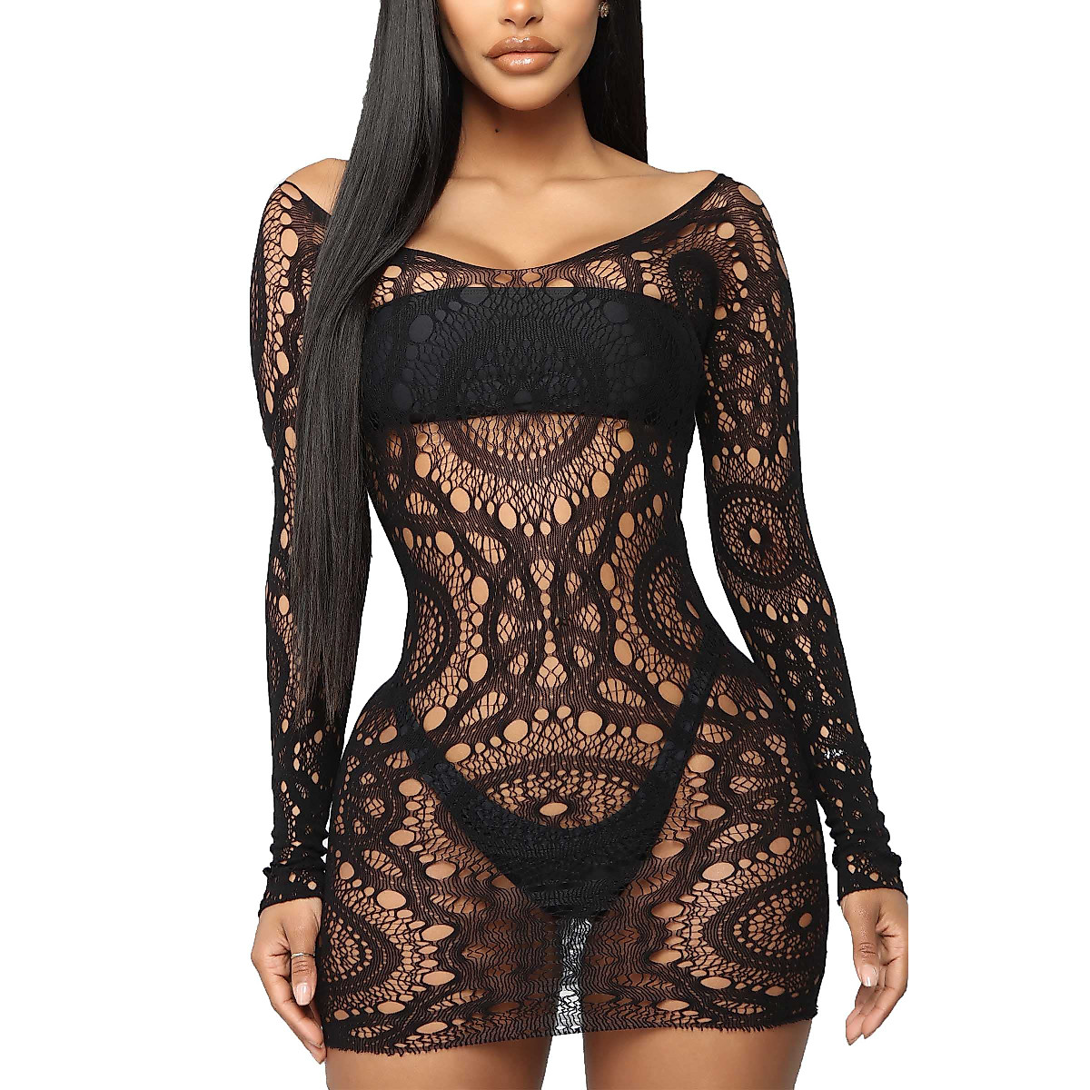 Dewinya Women's Fishnet One Size Lace Babydoll Chemise Lingerie Black (Black 1, One Size)