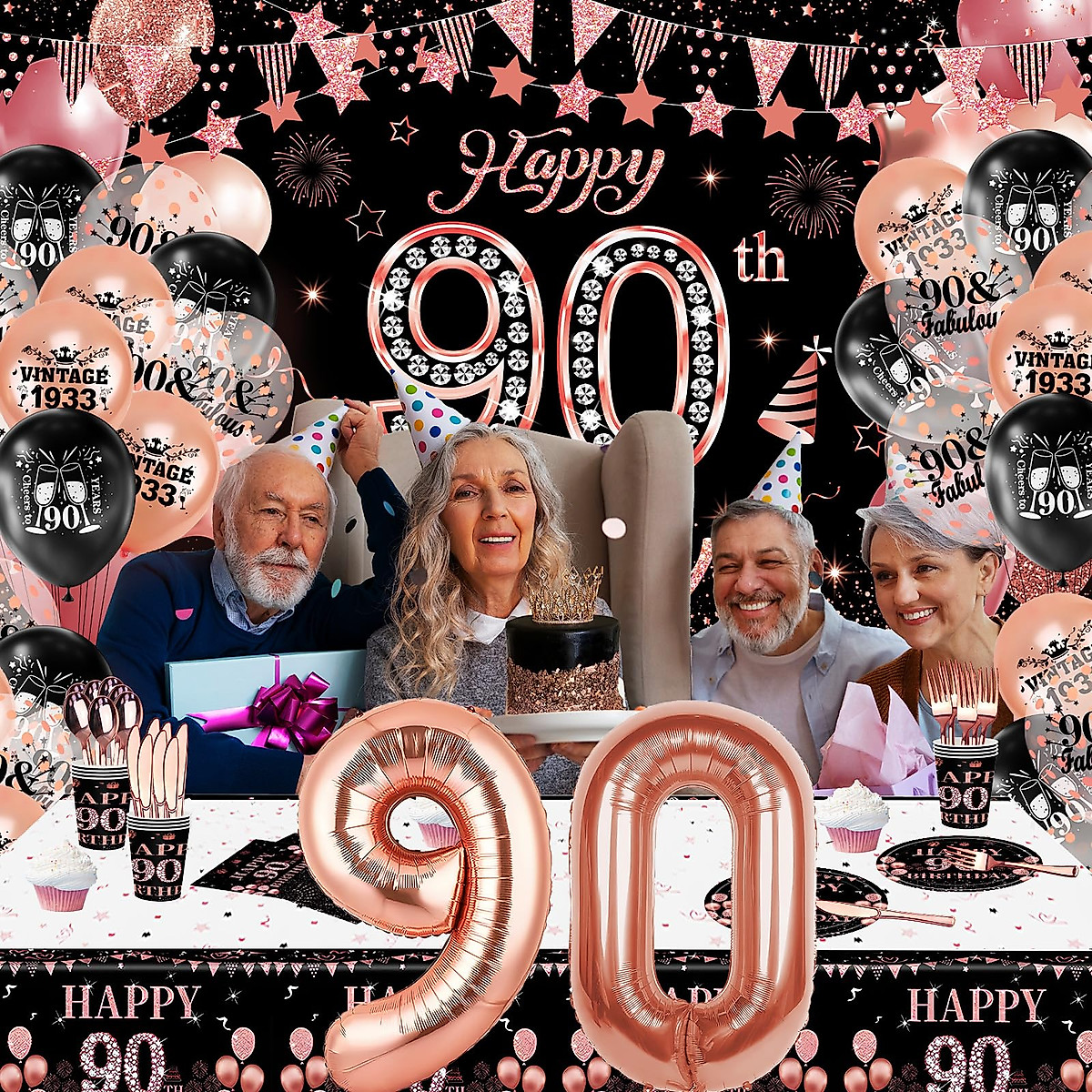 Rose Gold 90th Birthday Decorations for Women Men 150 PCS Black Rose Gold 90th Birthday Party Supplies Includes Rose Gold Happy 90th Birthday Banner Balloons Napkins Cups Tablecloth Plates Foil