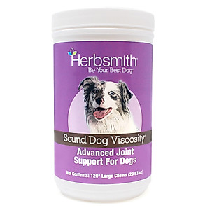 Herbsmith Sound Dog Viscosity – Advanced Joint Support for Dogs – Veterinarian Recommended Glucosamine for Dogs, Hyaluronic Acid, Chondroitin, MSM – Natural Arthritis Pain Relief – 120ct Large Chews