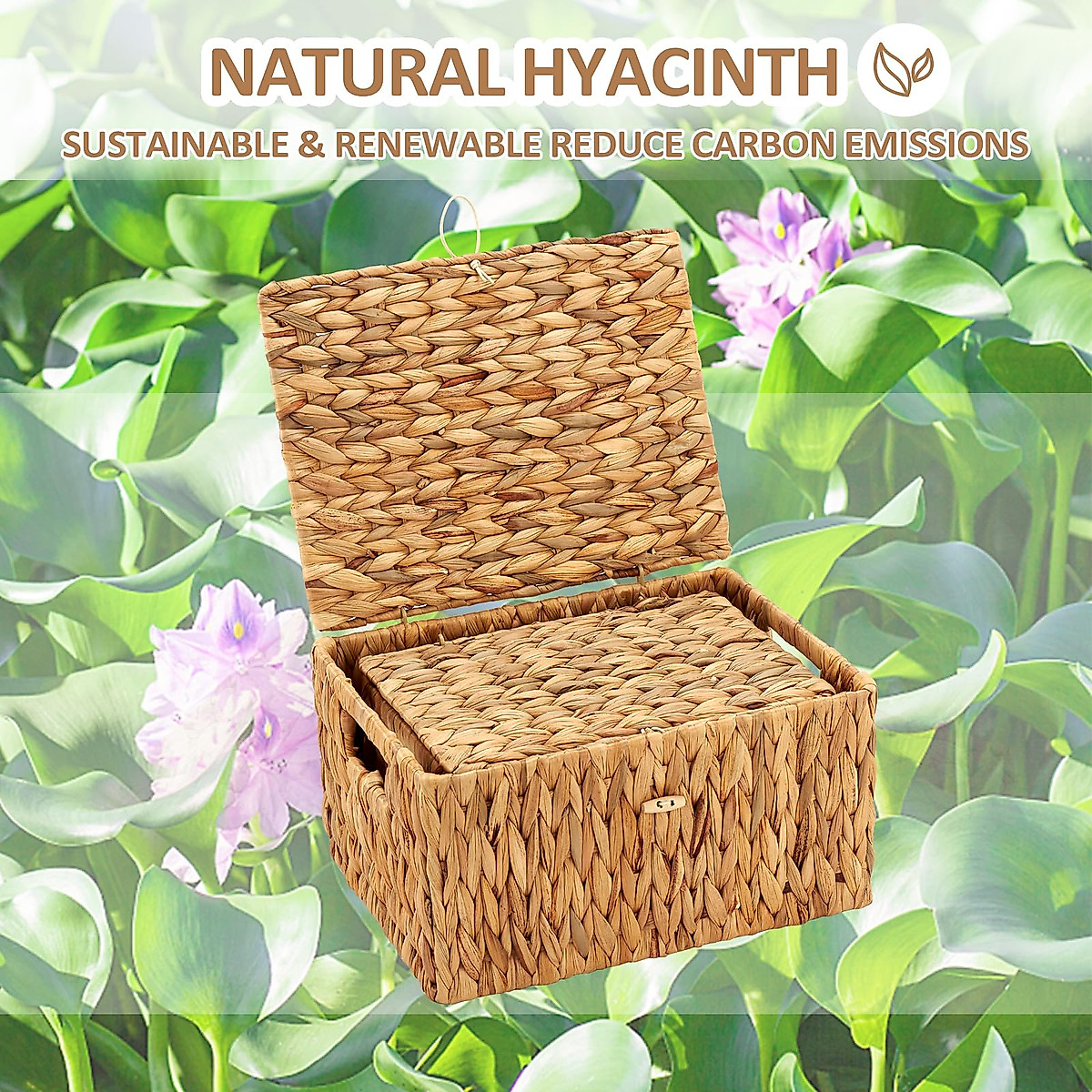 Edergoo Wicker Basket with Lid, Water Hyacinth Storage Baskets for Shelves, Large & Small Wicker Storage Basket with Lid and Built-in Handles, Hand Woven Wicker Baskets for Storage 2 Pack