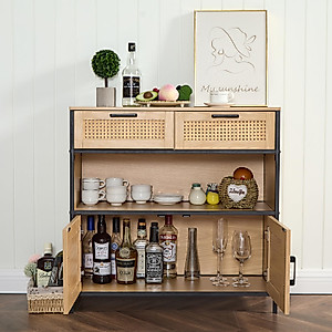 LIDYUK Sideboard Cabinet with Charging Station, Kitchen Storage Cabinet with Rattan Decorated Doors, Cupboard Console Table Sideboard Cabinet for Dining Room Hallway, Natural