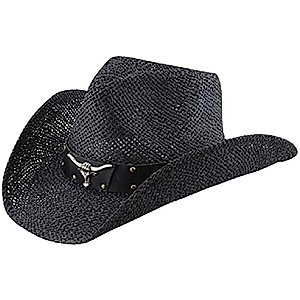 Black Straw Cowboy Hat for Men, Faux Leather, Longhorn, Shapeable Brim