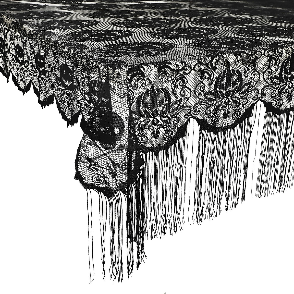 Simplebrand Black Lace Halloween Tablecloth Runner 52 x 52Inch, Rectangular Skull Lace Tablecloth with Tassel for Halloween Party, Pumpkin Table Cover Halloween Table Decorations