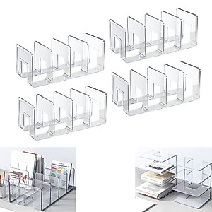 Acrux7 4 Pack Clear Acrylic File Organizer 4 Sections Acrylic File Sorter 12.8 x 5.6 x 5.1 Inch Vertical Acrylic Dividers Plastic Desk Book Organizer for Office Home Shelves Desk Book Mail File