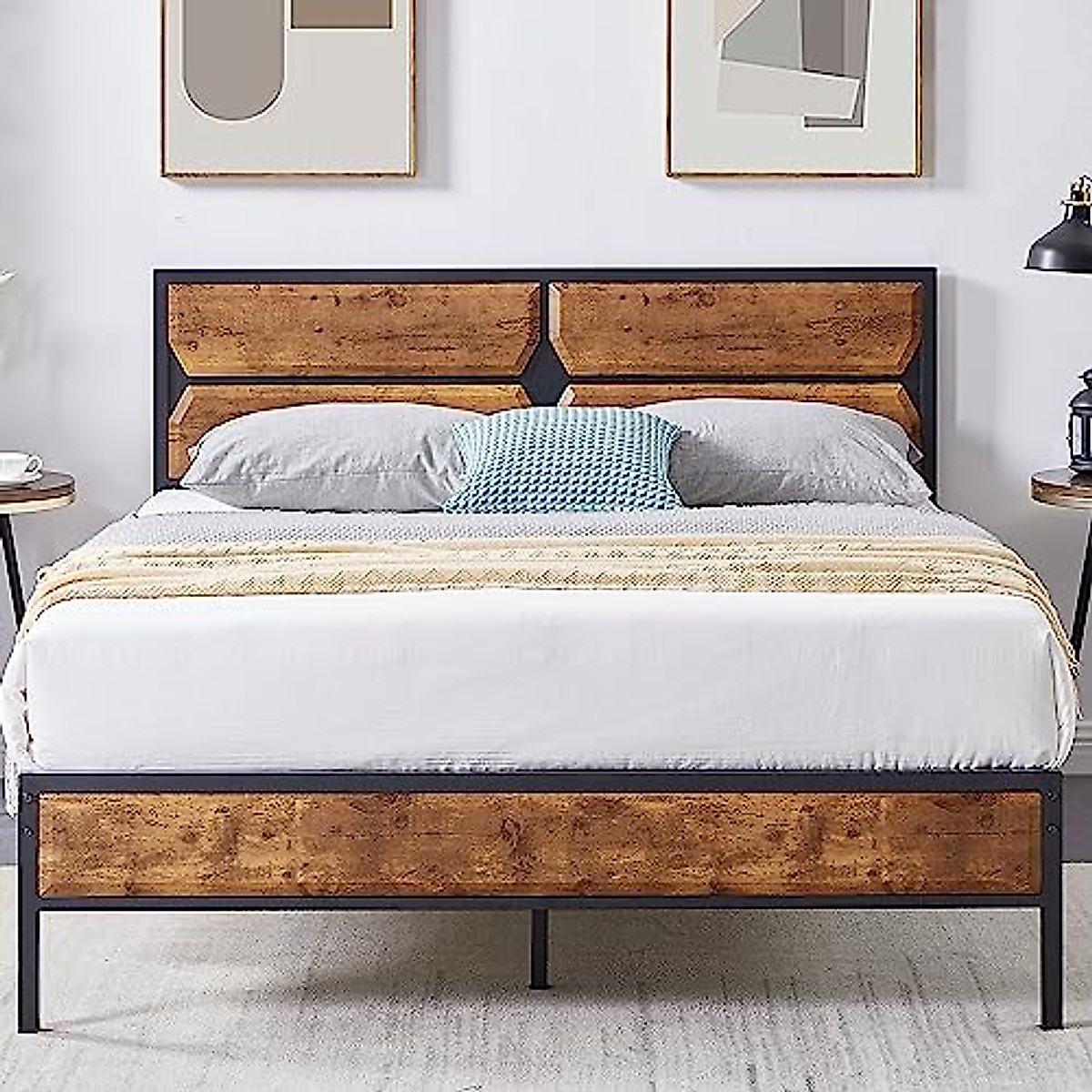 VECELO Full Size Platform Bed Frame with Wood Headboard/Mattress Foundation/Premium Steel Slats Support/No Box Spring Needed,Brown(Modern)