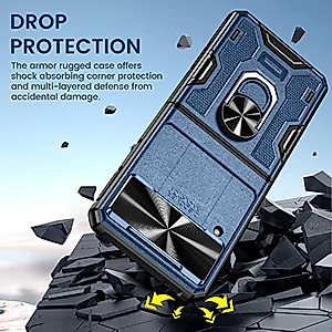 VEGO for Galaxy Z Flip 3 5G Case with Stand, Slide Camera Cover Hinge Protection 360°Rotate Ring Magnetic Kickstand Military Grade Heavy Duty Protection Armor Case for Samsung Z Flip 3 -Dark Blue