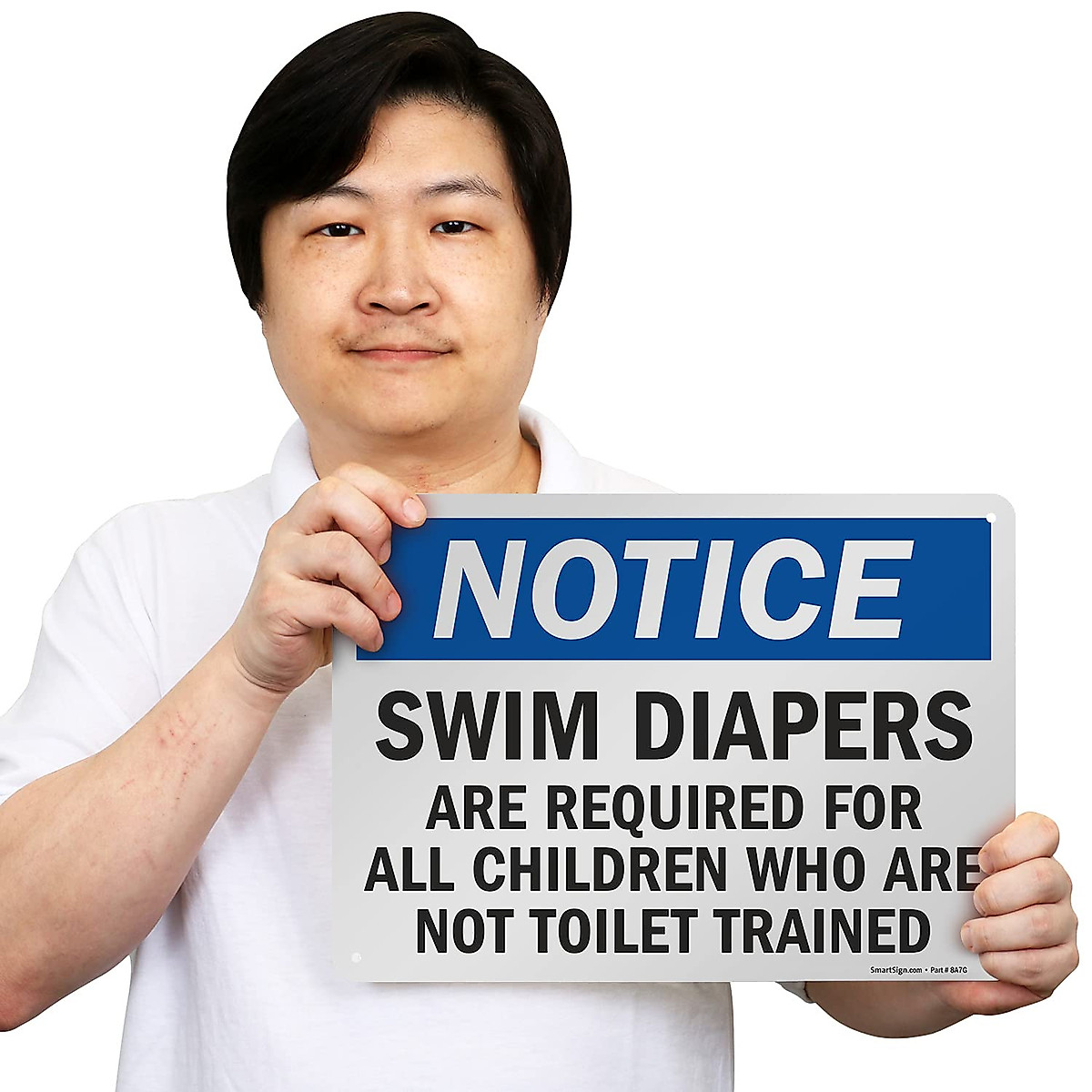 SmartSign 10 x 14 inch “Notice - Swim Diapers Are Required For All Children Who Are Not Toilet Trained” Sign, Digital Printing, 55 mil HDPE Plastic, Blue, Black and White, Made in USA