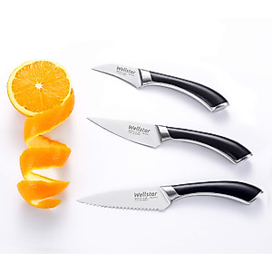 WELLSTAR Paring Knives Set, 3-Piece Fruit Peeling Knife Set, 2.75 Inch Bird Beak, 3.5 Inch Paring, 4 Inch Serrated Utility, Super Sharp German Stainless Steel Forged Blade and Full Tang Handle