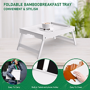 Bed Tray Table with Handles Folding Legs Bamboo Breakfast Food Tray with Media Slot for Platters,Laptop Desk,Snack,TV Tray Kitchen Serving Tray