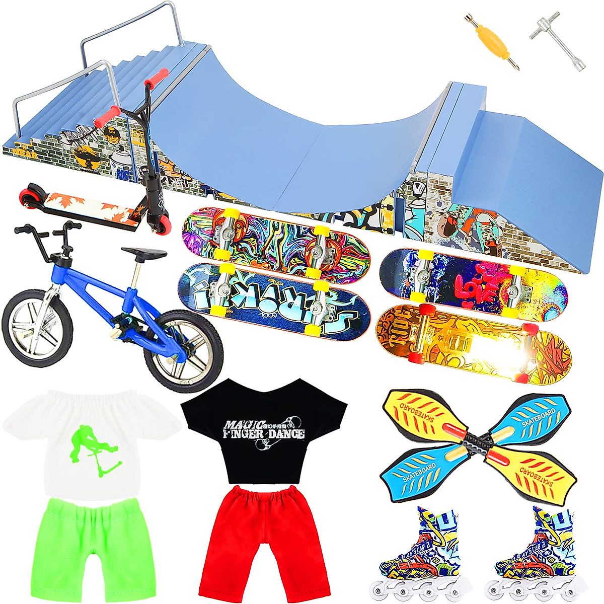 Aestheticism Half-Pipe Ramp Skate Park Kit, Bigger Fingerboard Ramps Set with 11 pcs Finger Toys Set Including Fingerboard, Bike, Scooters, Clothing & Big Non-Slip Mat