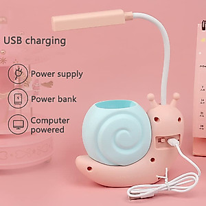 Cute Kids Lamp with Pen Holder,LED Desk Lamp for Child,Snail Shape USB Charging Student Learning Eye Protection Lamp with 360° Bendable Adjustable Neck Yellow