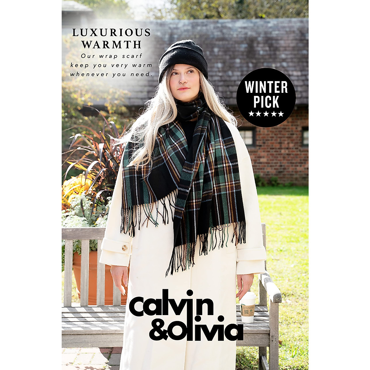 CALVIN & OLIVIA Women's Fall Winter Scarf Thick Classic Plaid Scarf Wrap Warmth Soft Oversized Cashmere Feel Scarves Amazing Tartan Black Green