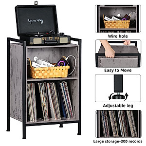 LELELINKY Turntable Stand, 3-Tier Record Player Stand, Vinyl Record Storage Cabinet with Metal Frame Holds Up to 180 Albums, Grey Record Table with Handle for Living Room, Bedroom, Office