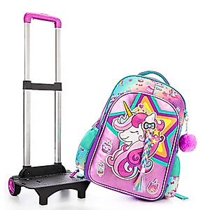 JSMNIAI Unicorn Rolling Backpack for Girls Wheels Backpacks Kids Luggage for Elementary Preschool Students Cute Suitcase Trolley Trip Wheeled Backpack with Lunch Box for Girls