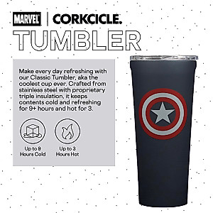 Corkcicle Marvel 24 Ounce Triple Insulated Stainless Steel Travel Cup Tumbler with Lid and Silicone Bottom for Hot and Cold Drinks, Captain America