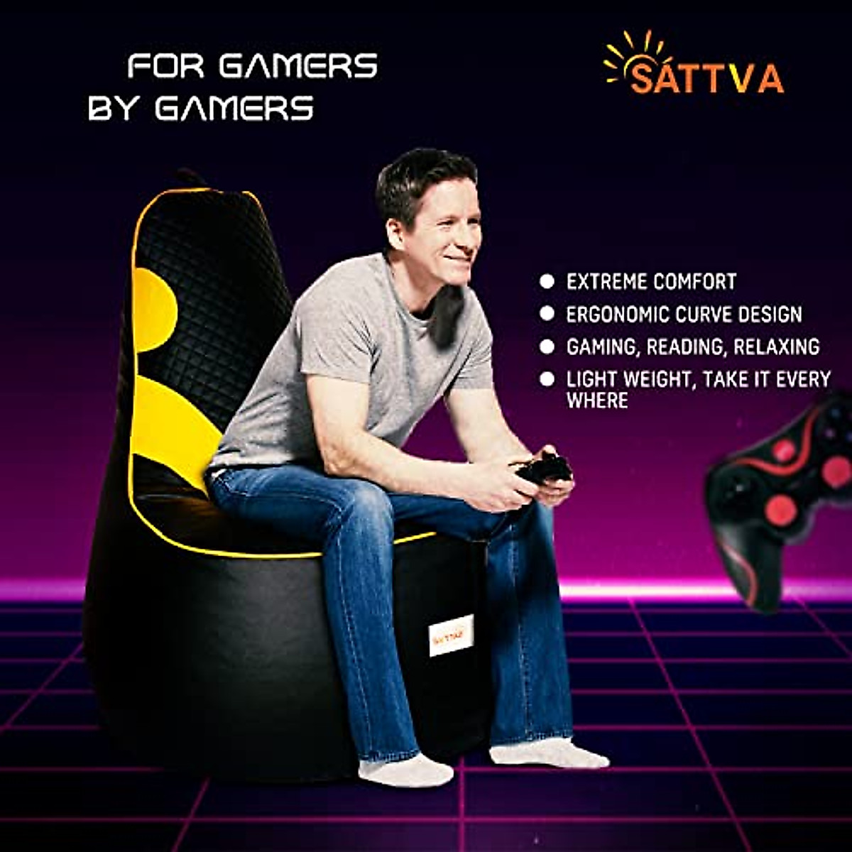 SATTVA 3.5Ft Faux Leather Gaming Bean Bag Chair for Adults - Big Bean Bag Covers Only (No Filling), Love Sack Bean Bag, Ultra Soft Zipper, for Dorm & Family Room_Black & Yellow