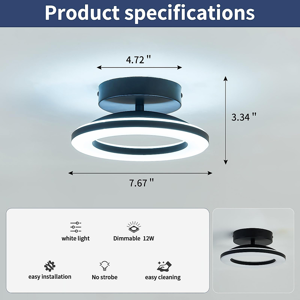 SHIKHO Modern Led Ceiling Light Fixture Black 7.7Inch Round Semi Flush Mount Ceiling Light 12W 6000K Indoor Small Ceiling lamp for Closet Hallway Bathroom Porch Bedroom Kitchen