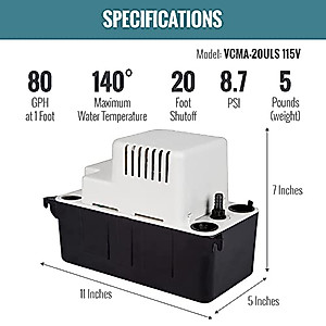 Little Giant 554425 VCMA-20ULS 80 GPH 1/30 HP Automatic Condensate Pump with Safety Switch for HVAC, Dehumidifier, Furnace, Air Conditioner