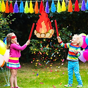 Small Camping Campfire Piñata Fake Flame Party Birthday Party Decoration Camping Adventure Baby Shower Photo Props with Wooden Stick Paper Confetti Set for Kids Boys and Girls,16.1 x 10.2 x 2.8 Inch