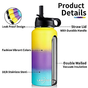 LAMONKE 32oz Vacuum Insulated Stainless Steel Water Bottle with Straw Lids & Spout Lids & Wide Mouth, Double Wall BPA Free Sweat-Proof Thermos to Keep Beverages Perfectly Hot or Cold