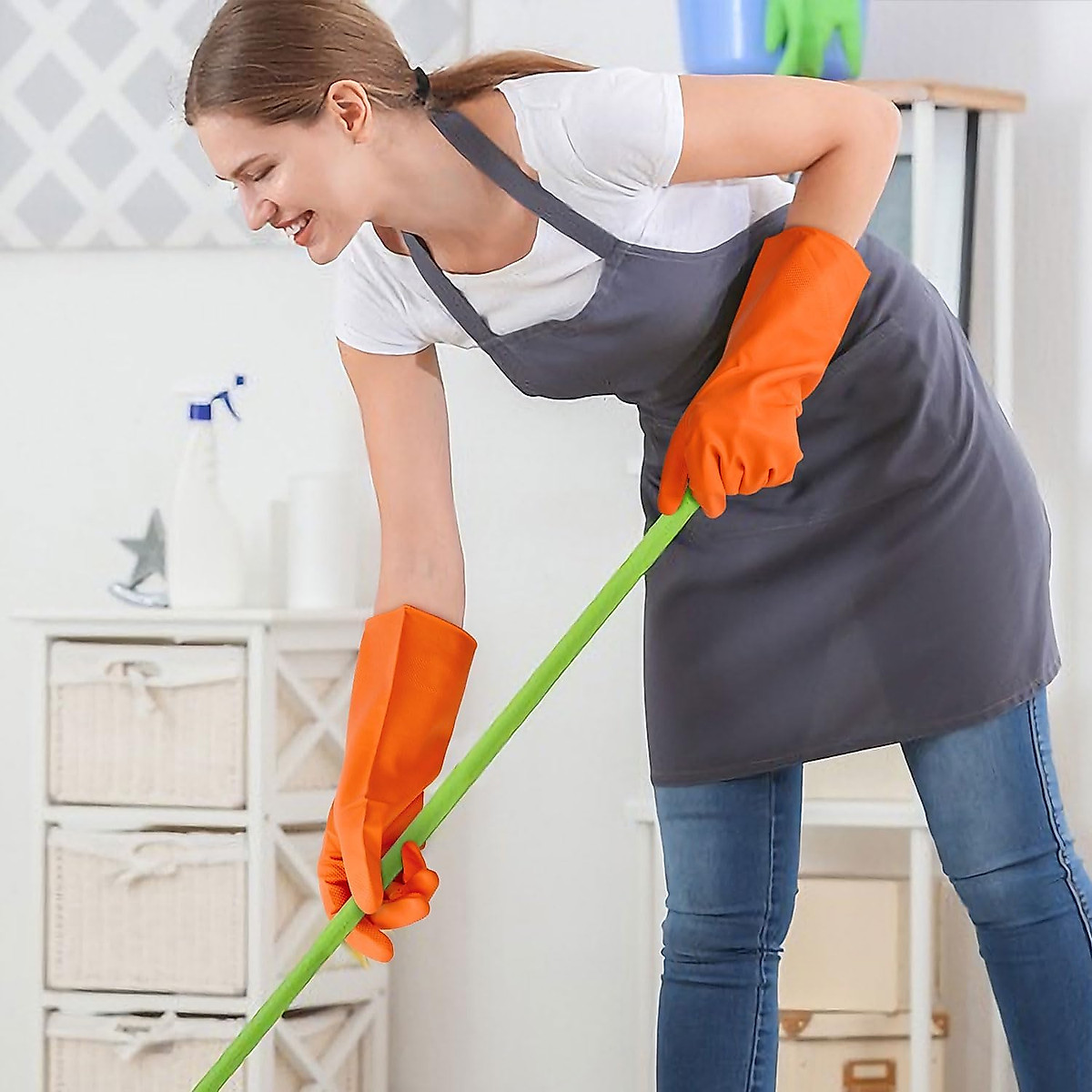 Cleanbear Synthetic Rubber Gloves, Medium Size, 11.8 Inches, 3 Pairs 3 Colors for Spring Cleaning, Dishwashing and Other Home Cleaning Use