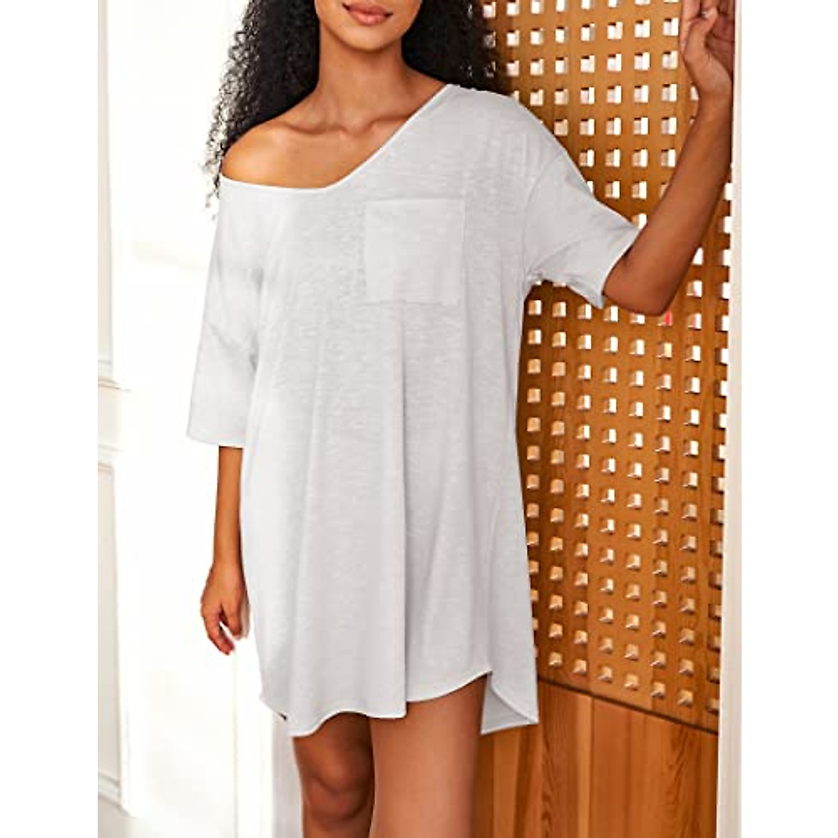 MAXMODA Sleep Wear for Women T Shirt Nightgowns Cotton Pajama Dress Short Sleeve Soft Night Gown Knee Length White M