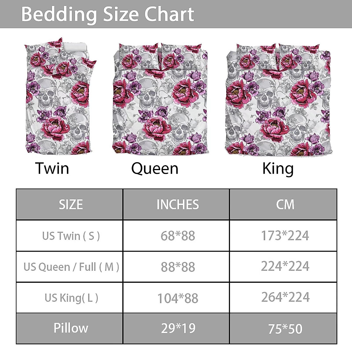 Gearider White Skull Bedding Sets for Teen Women, Death Skull Pattern Duvet Cover Set, Skeleton Theme Peony Floral Bedding Set Queen Size